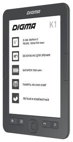 Электронная книга Digma K1 6" E-ink HD Pearl 758x1024 600MHz 128Mb/4Gb/SD/microSDHC темно-серый ...